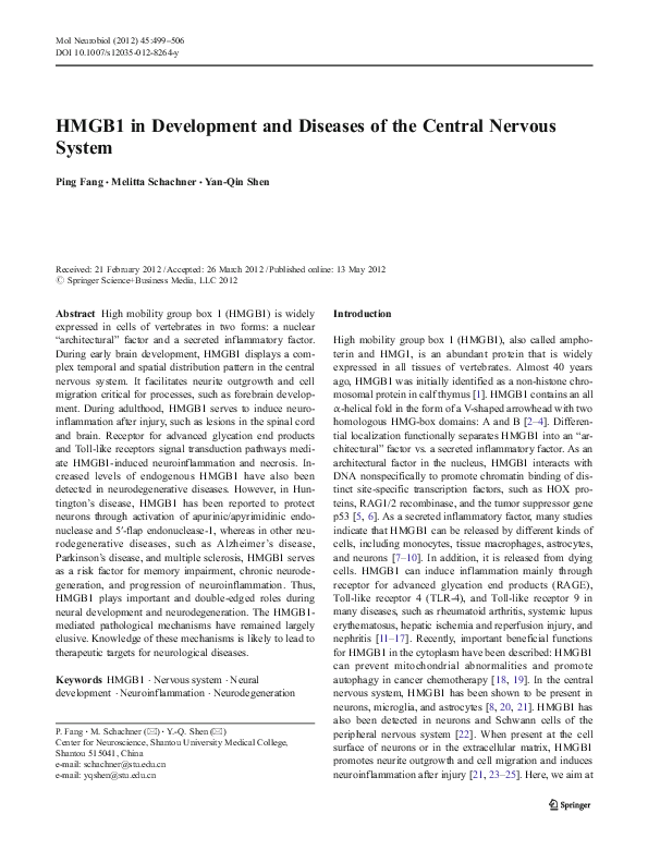 (PDF) HMGB1 in Development and Diseases of the Central Nervous System