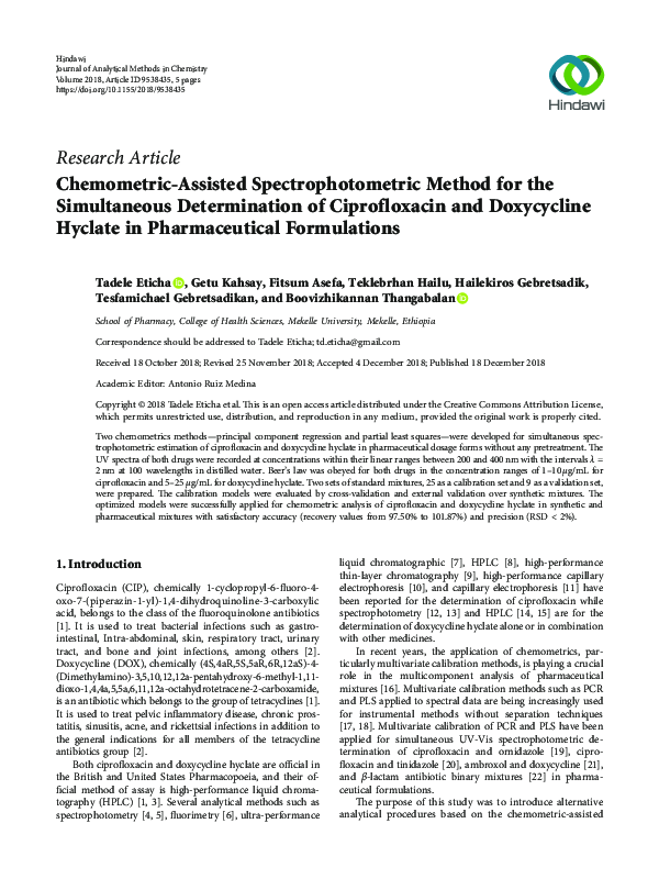 (PDF) Chemometric assisted spectrophotometric methods for the simultaneous determination of ...
