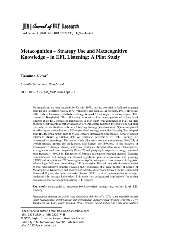 (PDF) Metacognition – Strategy Use and Metacognitive Knowledge – in EFL Listening: A Pilot Study