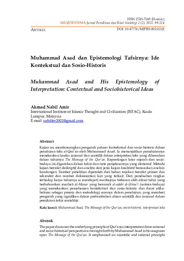(PDF) Muhammad Asad dan Epistemologi Tafsirnya: Ide Kontekstual dan Sosio-Historis Muhammad Asad ...
