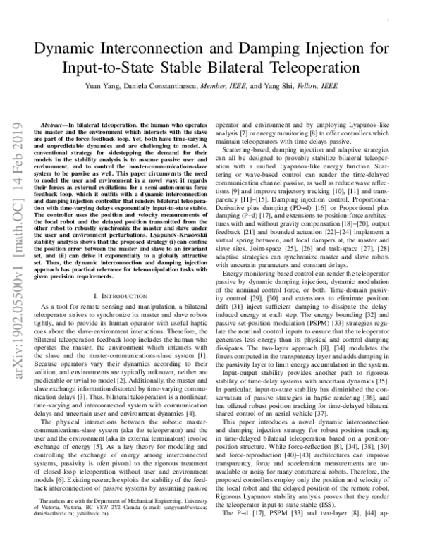 (PDF) Dynamic Interconnection and Damping Injection for Input-to-State Stable Bilateral ...