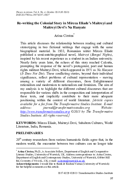 (PDF) Re-writing the Colonial Story in Mircea Eliade’s Maitreyi and Maitreyi Devi’s Na Hanyate