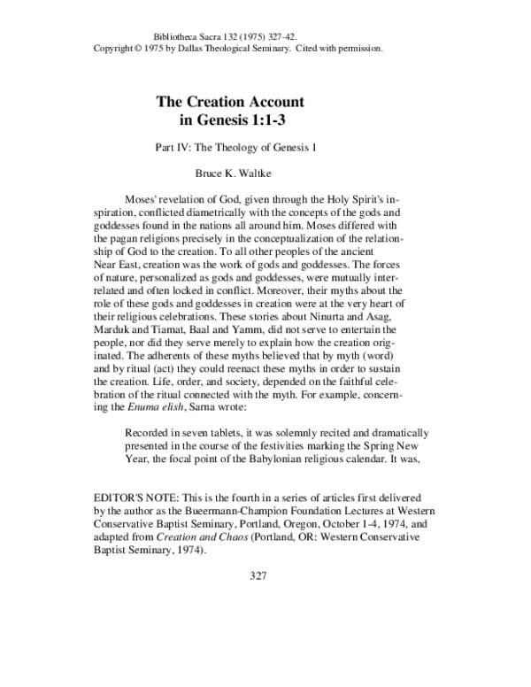 (PDF) The Creation Account in Genesis 1 : 1-3 Part IV : The Theology of ...