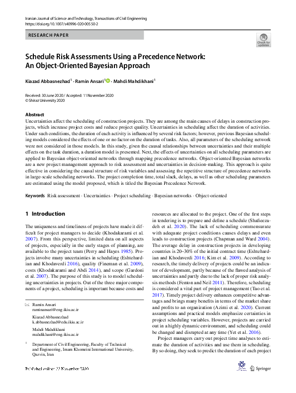 Pdf Schedule Risk Assessments Using A Precedence Network An Object Oriented Bayesian Approach