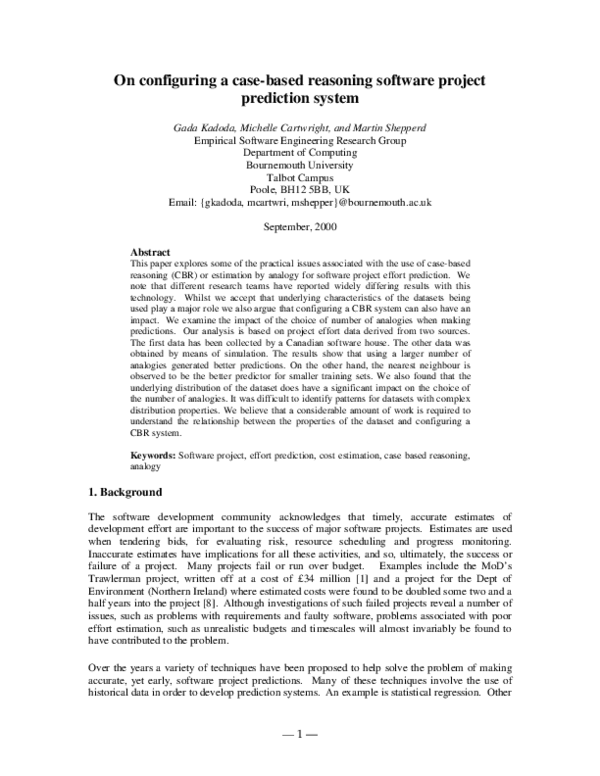 Pdf On Configuring A Case Based Reasoning Software Project Prediction System