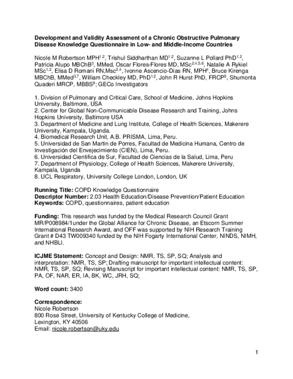 (PDF) Development and Validity Assessment of a Chronic Obstructive ...
