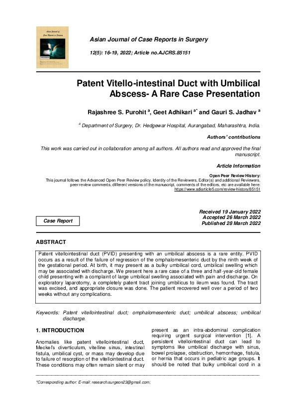 (PDF) Patent Vitello-intestinal Duct with Umbilical Abscess-A Rare Case ...