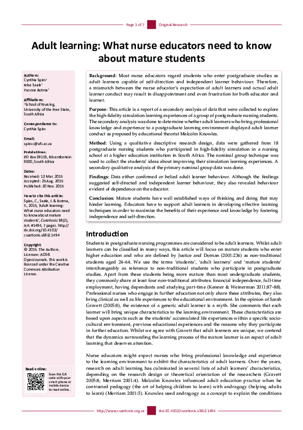 (PDF) Adult learning: What nurse educators need to know about mature ...