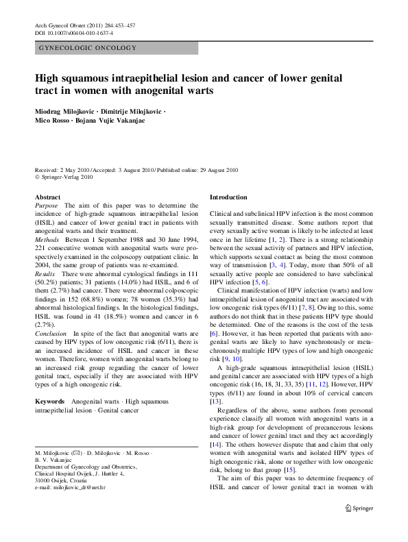 (PDF) High squamous intraepithelial lesion and cancer of lower genital ...