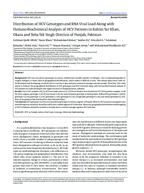 Distribution of HCV Genotypes and RNA Viral Load Along with Hemato ...