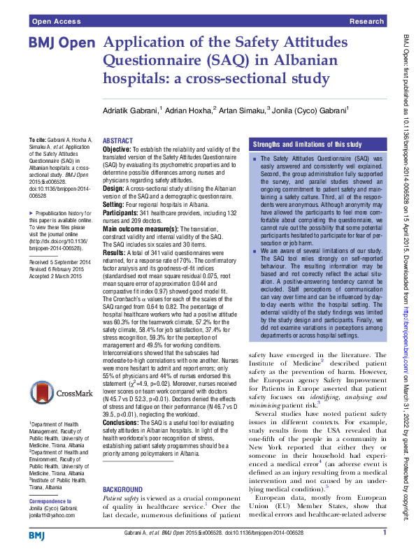 (PDF) Application of the Safety Attitudes Questionnaire (SAQ) in ...