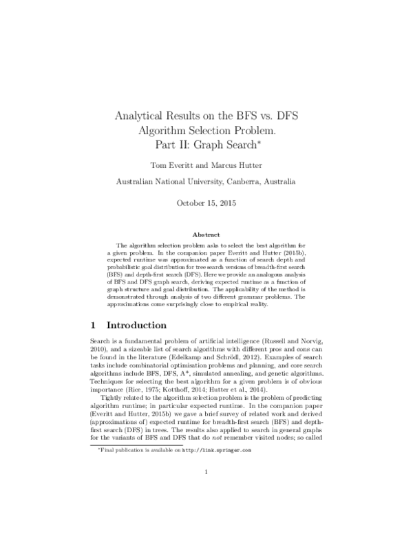 Pdf Analytical Results On The Bfs Vs Dfs Algorithm Selection Problem