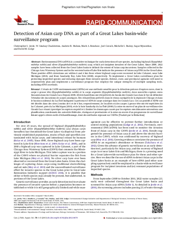 (PDF) Detection of Asian carp DNA as part of a Great Lakes basin-wide ...