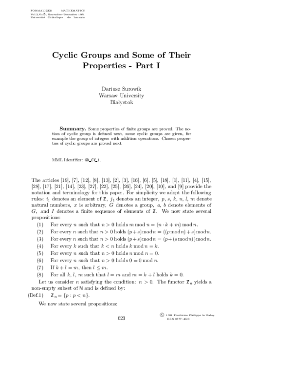 (PDF) Cyclic Groups and Some of Their Properties - Part I
