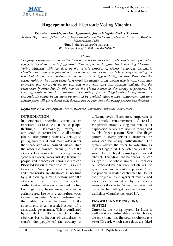 (PDF) Fingerprint based Electronic Voting Machine