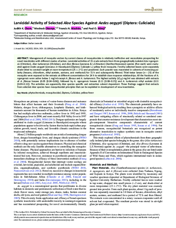 (PDF) Larvicidal Activity of Selected Aloe Species Against Aedes aegypti (Diptera: Culiciade)