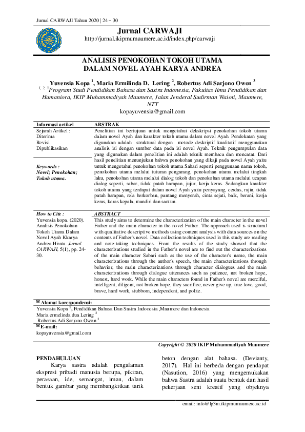 (PDF) Analisis Penokohan Tokoh Utama Dalam Novel Ayah Karya Andrea