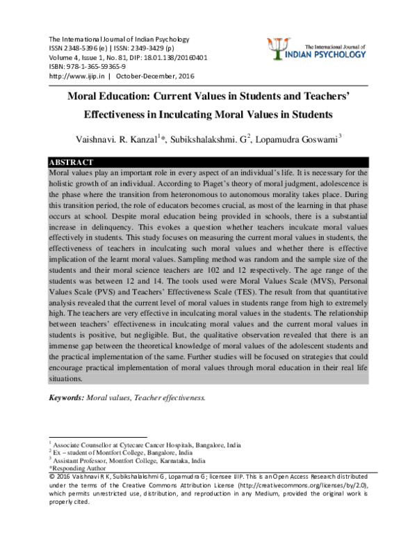(PDF) Moral Education: Current Values in Students and Teachers ...
