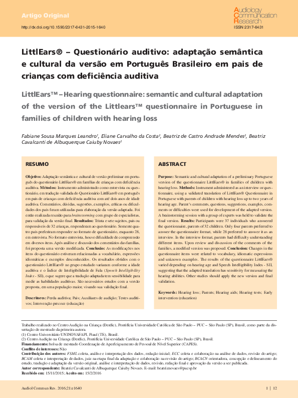 (PDF) LittlEars® – Questionário auditivo: adaptação semântica e ...