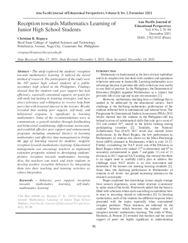 (PDF) Reception towards Mathematics Learning of Junior High School Students