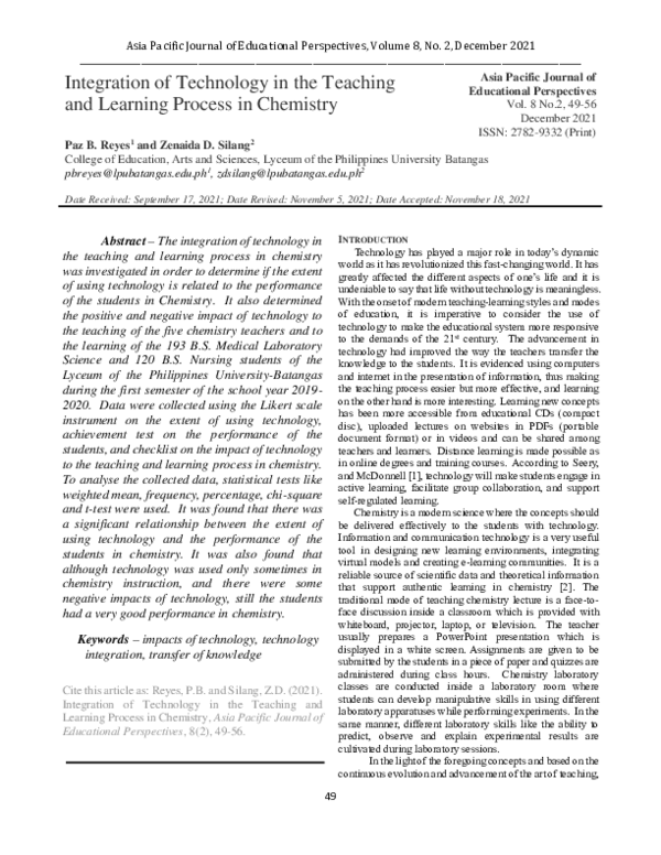 (PDF) Integration of Technology in the Teaching and Learning Process in ...