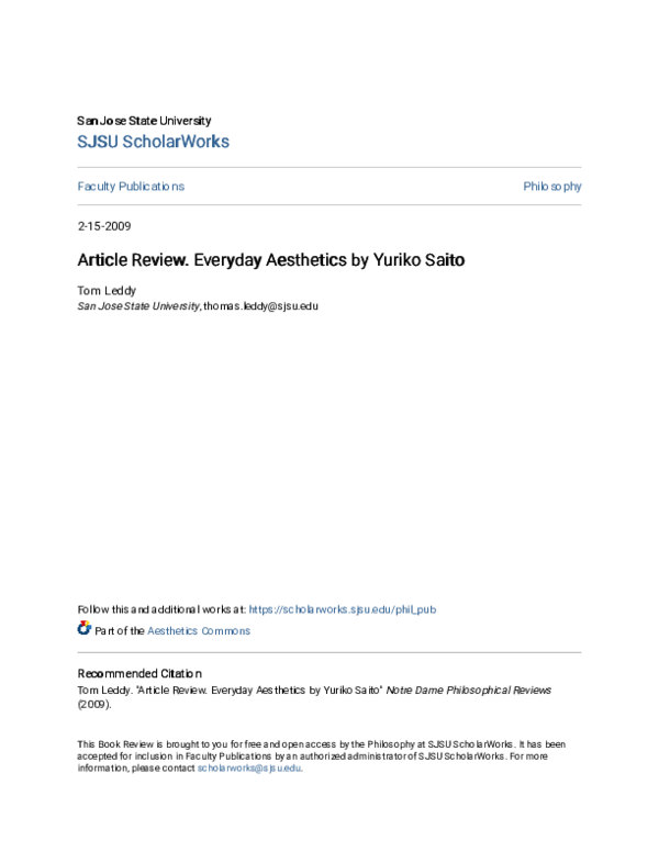 (PDF) Article Review. Everyday Aesthetics by Yuriko Saito