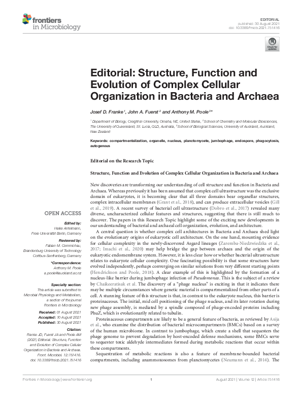 (PDF) Editorial: Structure, Function and Evolution of Complex Cellular ...