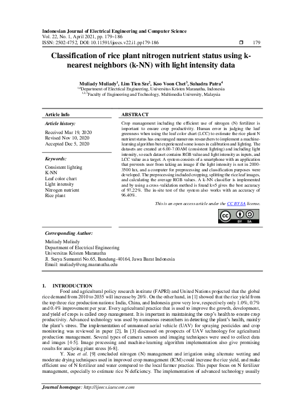 Pdf Classification Of Rice Plant Nitrogen Nutrient Status Using Knearest Neighbors K Nn With