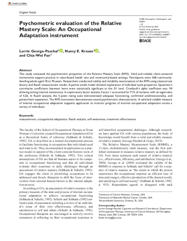 (PDF) Psychometric evaluation of the Relative Mastery Scale: An ...