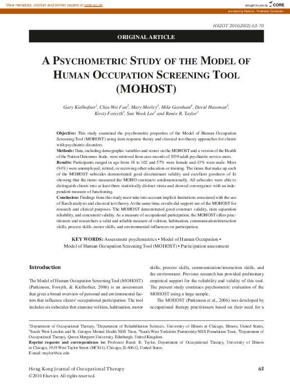 (PDF) A Psychometric Study of the Model of Human Occupation Screening ...