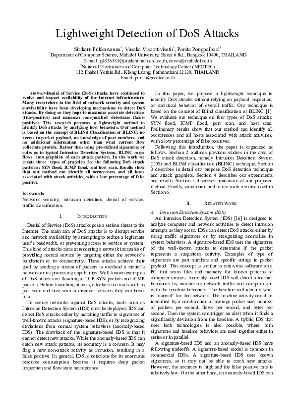 (PDF) Lightweight Detection of DoS Attacks