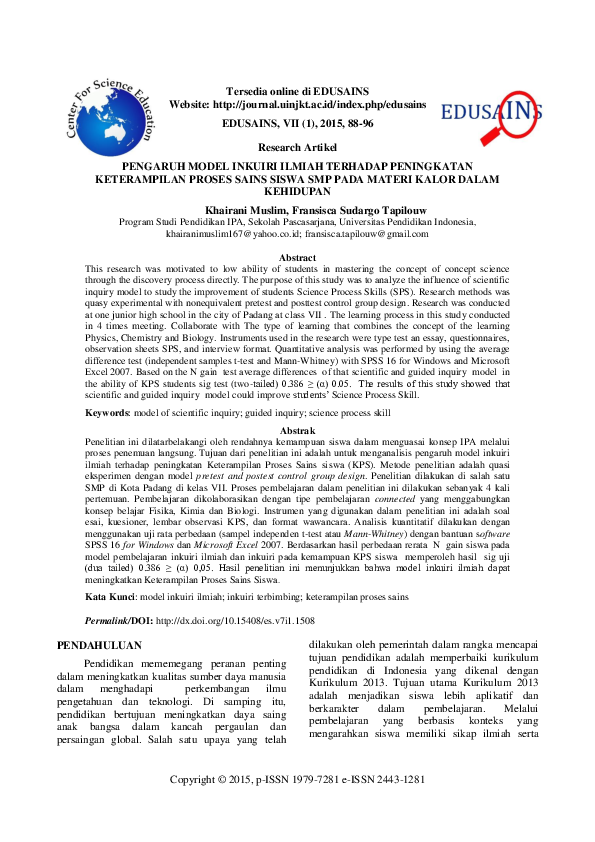 (PDF) Pengaruh Model Inkuiri Ilmiah Terhadap Peningkatan Keterampilan Proses Sains Siswa SMP ...