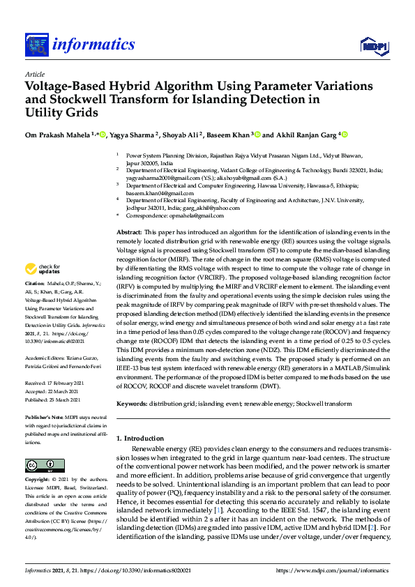 Pdf Voltage Based Hybrid Algorithm Using Parameter Variations And Stockwell Transform For 