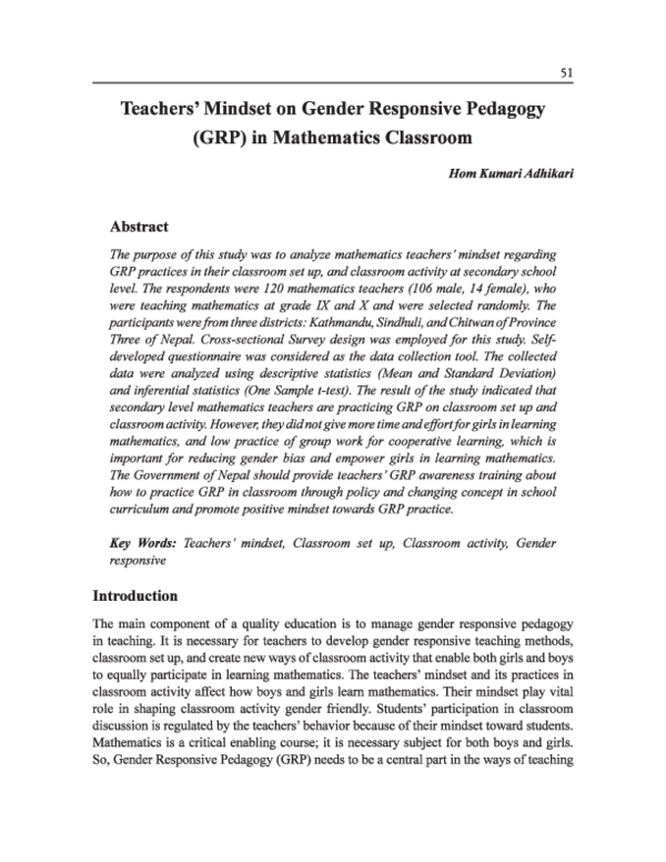 (PDF) Teachers' Mindset on Gender Responsive Pedagogy (GRP) in ...