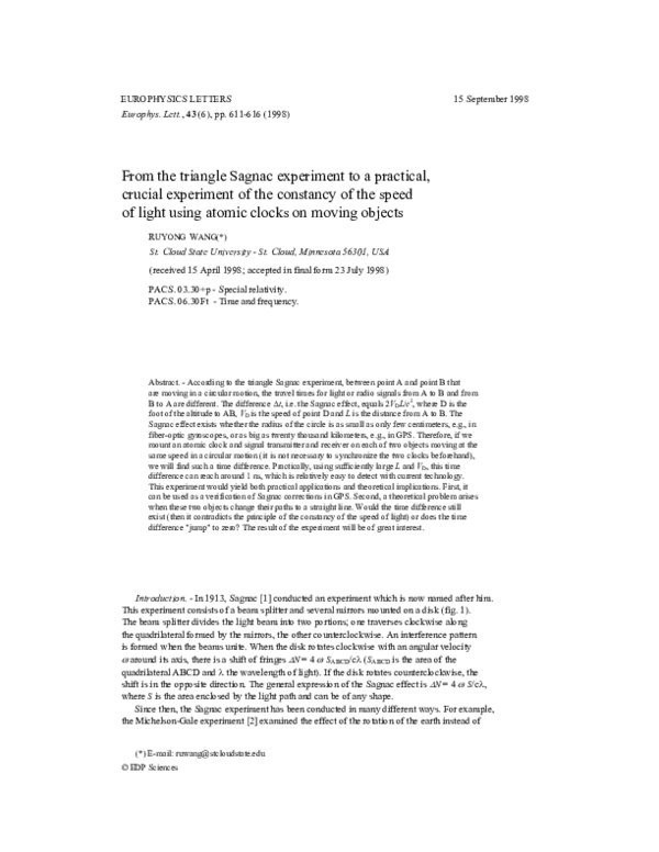 (PDF) From the triangle Sagnac experiment to a practical, crucial ...