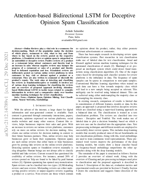 Pdf Attention Based Bidirectional Lstm For Deceptive Opinion Spam Classification