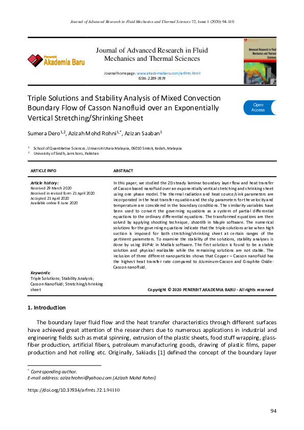 (PDF) Triple Solutions and Stability Analysis of Mixed Convection Boundary Flow of Casson ...