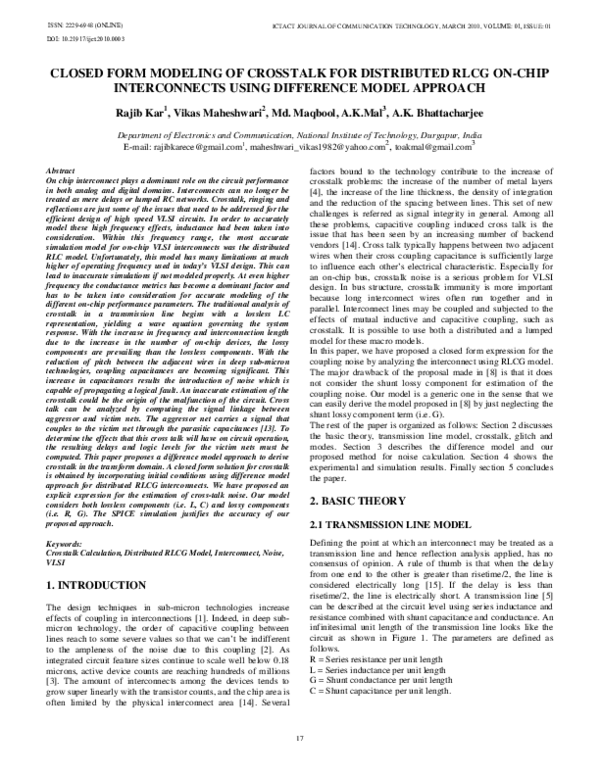 Pdf Closed Form Modeling Of Crosstalk For Distributed Rlcg On Chip Interconnects Using