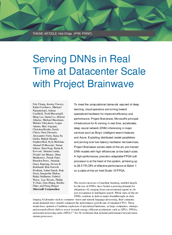 Pdf Serving Dnns In Real Time At Datacenter Scale With Project Brainwave