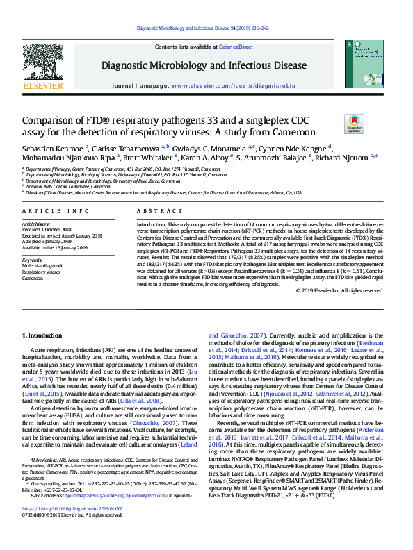 (PDF) Comparison of FTD® respiratory pathogens 33 and a singleplex CDC ...