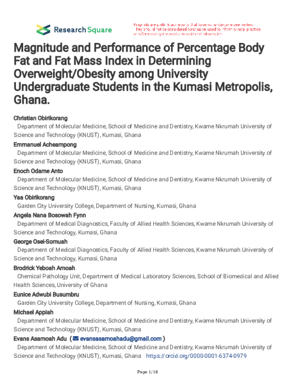 (PDF) Magnitude and Performance of Percentage Body Fat and Fat Mass ...