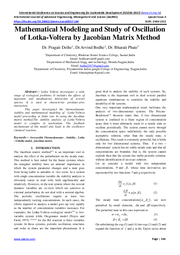 (PDF) Mathematical Modeling and Study of Oscillation of Lotka-Voltera by Jacobian Matrix Method