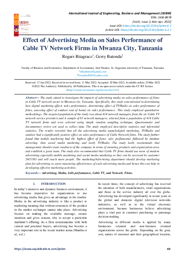 (PDF) Effect of Advertising Media on Sales Performance of Cable TV ...