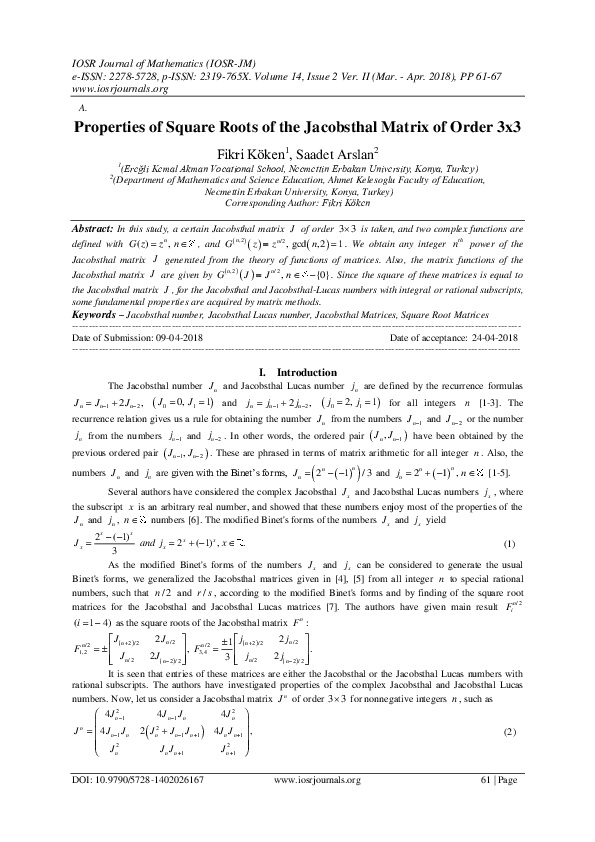 (PDF) Properties of Square Roots of the Jacobsthal Matrix of Order 3x3