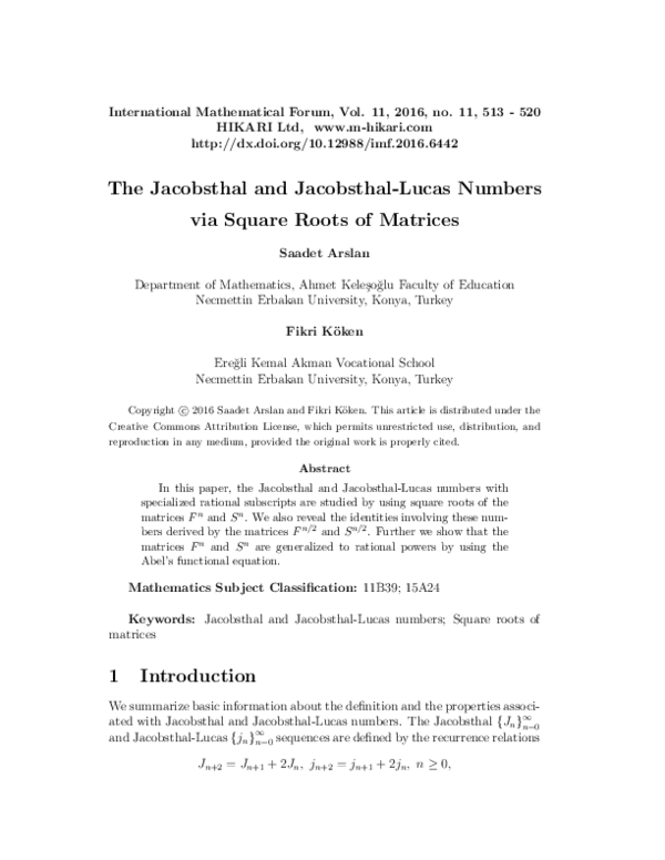 (PDF) The Jacobsthal and Jacobsthal-Lucas numbers via square roots of matrices
