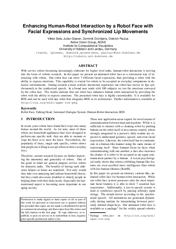 (PDF) Enhancing Human-Robot Interaction by a Robot Face with Facial ...