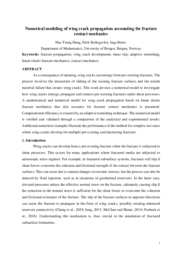 (PDF) Numerical modeling of wing crack propagation accounting for fracture contact mechanics
