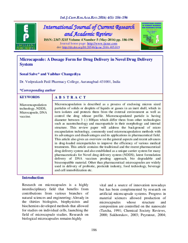 (PDF) Microcapsule: A Dosage Form for Drug Delivery in Novel Drug ...
