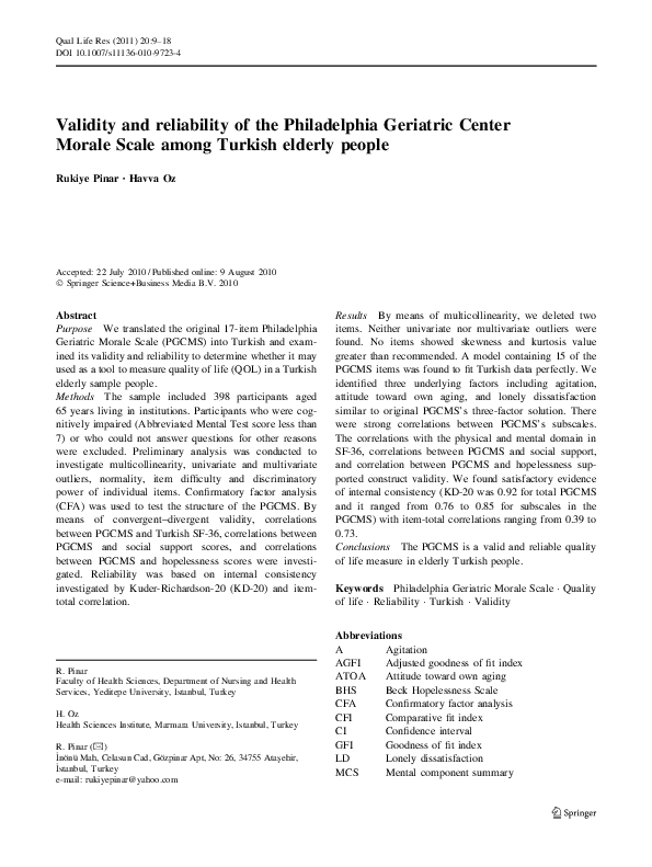 (PDF) Validity and reliability of the Philadelphia Geriatric Center ...