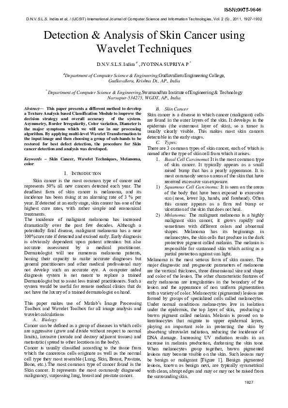 Pdf Detection And Analysis Of Skin Cancer Using Wavelet Techniques